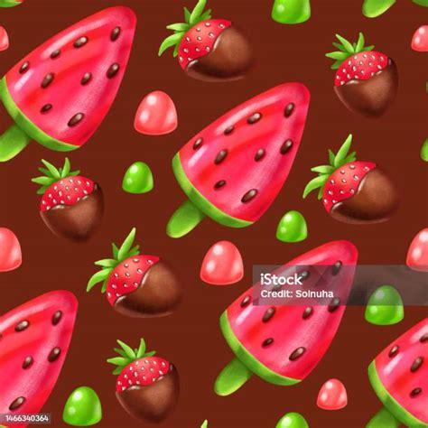 수박 아이스크림 초콜릿으로 덮인 딸기와 마멀레이드 매끄러운 패턴 과일에 대한 스톡 벡터 아트 및 기타 이미지 과일 녹색 다중 색상 Istock