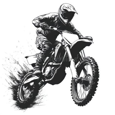 Motocross Rider In Action Dynamic Jump Black And White Illustration Stock Illustration