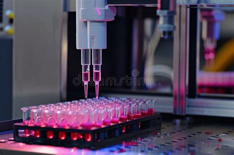 Automated Liquid Handling System Dispensing Pink Liquid Into Microwell Plates Stock Illustration