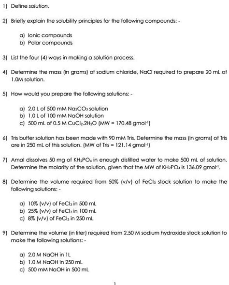 SOLVED: 1) Define solution. 2) Briefly explain the solubility principles for the following ...