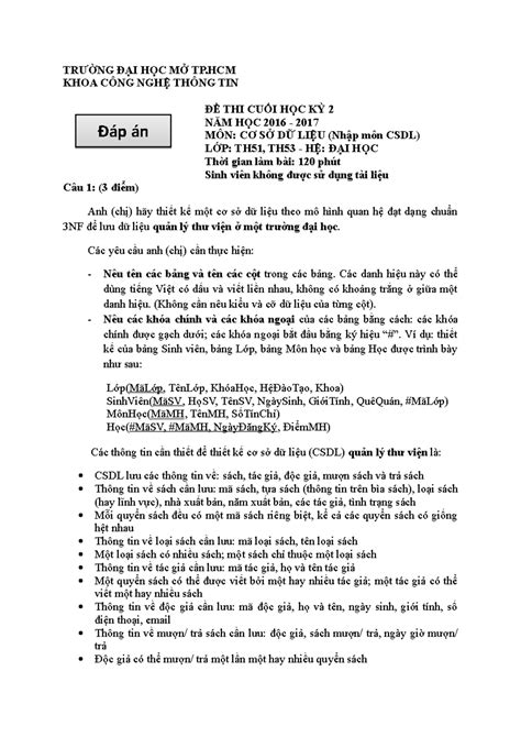 Csdl Ck 1617 Đề Thi Cơ Sở Dữ Liệu TrƯỜng ĐẠi HỌc MỞ Tp Khoa CÔng NghỆ ThÔng Tin ĐỀ Thi CuỐi