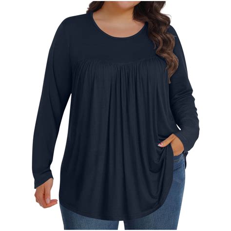 Tarylea Plus Size Tops For Women Crew Neck Chest Pleated Tunic Solid