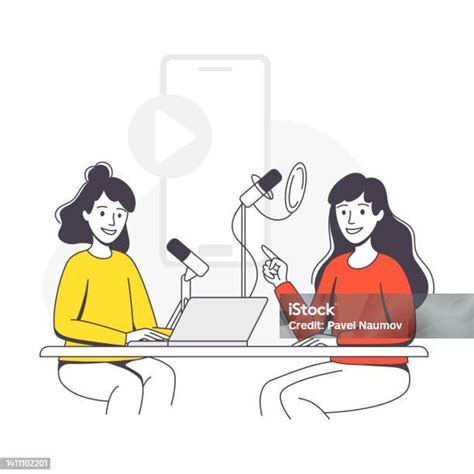 마이크 방송 및 라이브 스트리밍 개요 벡터 일러스트레이션을 가진 젊은 여성과 함께하는 팟캐스트 녹음 공중에 대한 스톡 벡터 아트 및 기타 이미지 Istock