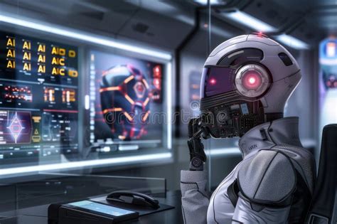 Ai Robot Analyzing Data On A Futuristic Screen In A High Tech Control