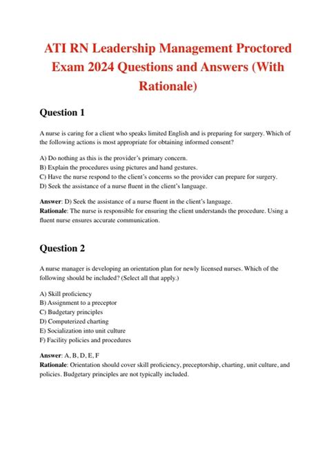 Ati Rn Leadership Management Proctored Exam 2024 Questions And Answers