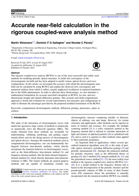 Pdf Accurate Near Field Calculation In The Rigorous Coupled Wave Analysis Method