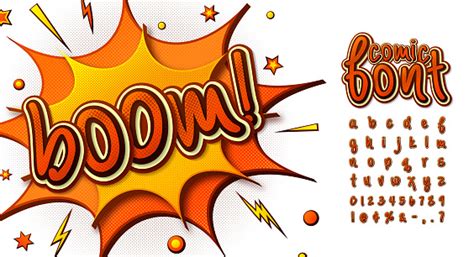 화려한 만화 폰트 만화 팝 아트 스타일에서의 알파벳 다층 재미 노란색 편지 연설 거품으로 만화도 서 페이지에 컴퓨터 글자에 대한 스톡 벡터 아트 및 기타 이미지 Istock