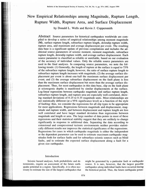 Pdf New Empirical Relationships Among Magnitude Rupture Length