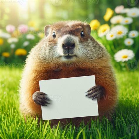 Groundhog In Grass Field Garden And Holding A Blank White Card On