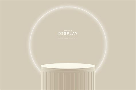 빛나는 네온 링으로 사실적인 현대적인 3d 크림 실린더 연단 받침대 미니멀한 벽 장면 쇼 화장품 또는 제품 전시 발표를 위한 플랫폼 또는 무대 추상 3d 벡터 렌더링 3차원