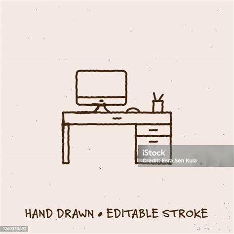 편집 가능한 스트로크가 있는 손으로 그린 컴퓨터 데스크 라인 아이콘 낙서 드로잉에 대한 스톡 벡터 아트 및 기타 이미지 낙서