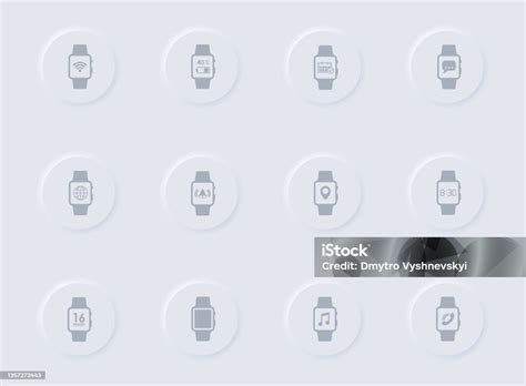 둥근 고무 버튼에 스마트 시계 회색 벡터 아이콘 웹 모바일 앱 Ui 디자인 및 프로모션 비즈니스 폴리그래피용 스마트 워치 아이콘 세트 고무에 대한 스톡 벡터 아트 및 기타