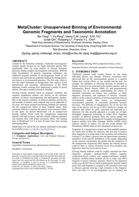 Pdf Metacluster Unsupervised Binning Of Environmental Genomic Fragments And Taxonomic Annotation