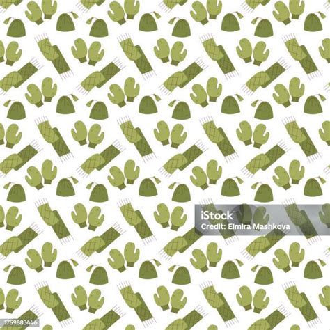 따뜻한 겨울 벙어리 장갑 스카프 그린 모자가 있는 심리스 패턴 벡터 평면 색상 그림입니다 12월에 대한 스톡 벡터 아트 및 기타