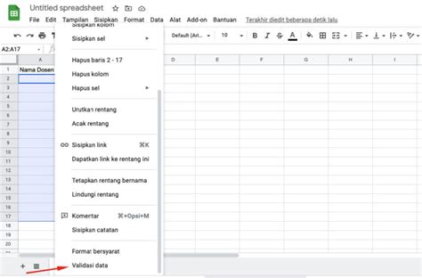 cara membuat daftar pilihan dropdown list dengan validation data di