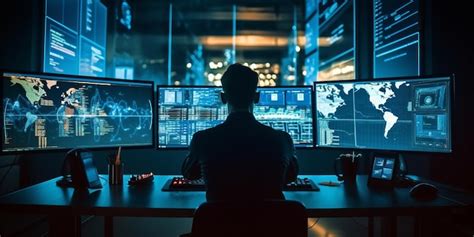 Premium Ai Image A Cybersecurity Professional Working On Multiple Monitors Displaying Various