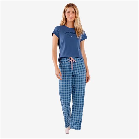 Pijama Feminino Cal A E Manga Curta Xadrez Azul Cor Com Amor P De Meia