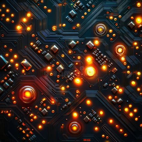 Glowing Circuit Board With Illuminated Components And Complex Pathways Stock Image Image Of
