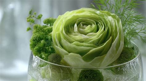 Green Cabbage Flower Arrangement In Glass Vase With Delicate Greenery