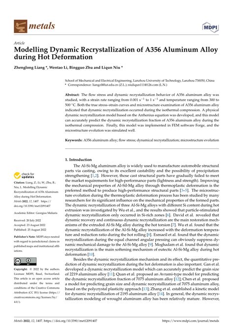Pdf Modelling Dynamic Recrystallization Of A356 Aluminum Alloy During Hot Deformation