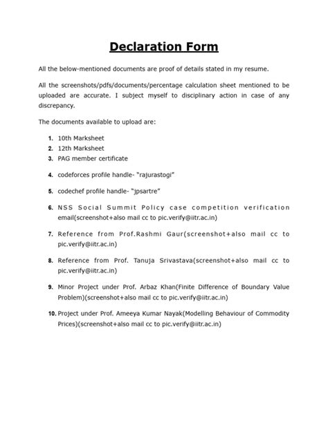 Declaration Form For Resume Verification Pdf