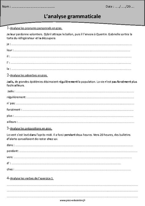 Analyse Grammaticale Cm2 Fiche De Révisions Pass Education