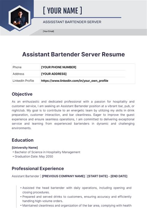 Free Assistant Bartender Server Resume Template To Edit Online