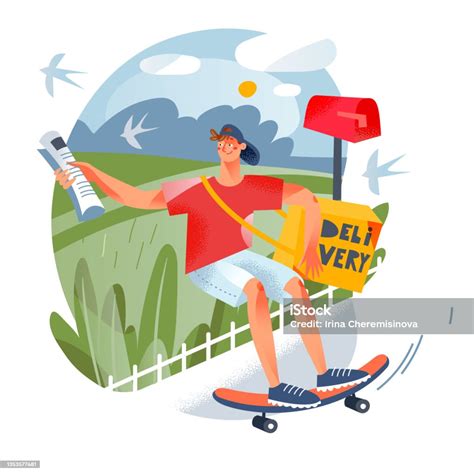 배달 서비스 스케이트 보드를 사용하여 가방에 소포와 남자 택배 남자 스케이트 보드 스케이트보드에 대한 스톡 벡터 아트 및 기타