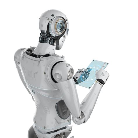 premium photo 3d rendering humanoid robot working with digital tablet