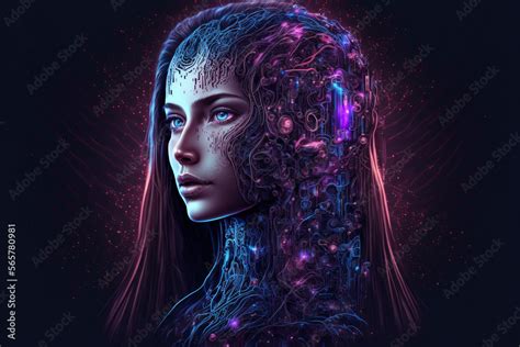 Artificial Intelligence In Action Humanoid Cyber Girl With Neural Network Processing Big Data