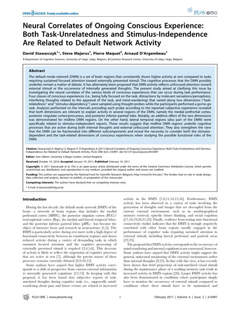 Pdf Neural Correlates Of Ongoing Conscious Experience Both Task Unrelatedness And Stimulus