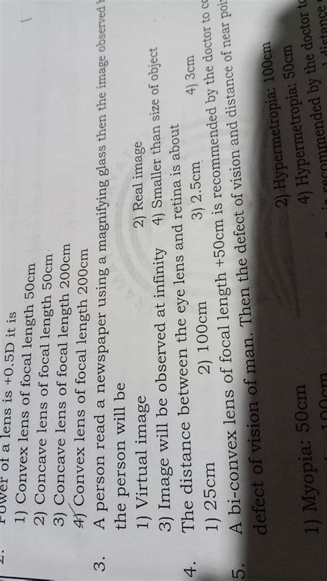 A Bi Convex Lens Of Focal Length 50 Cm Is Recommended By The Doctor To D