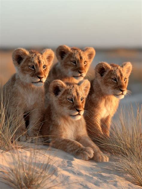 Four Lion Cubs Playfully Exploring The Sandy Landscape During Sunset