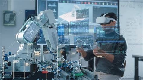 Computer Science Engineer In Virtual Reality Headset Using Controllers And Operating Robot Arm