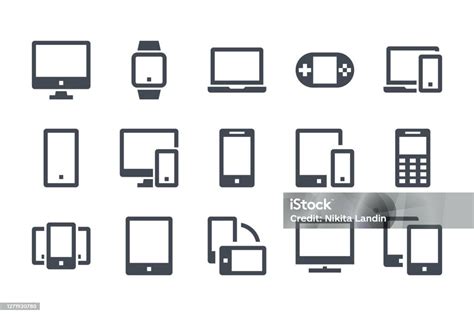 ชุดไอคอนสัญลักษณ์ของอุปกรณ์ ไอคอนที่เต็มไปด้วยคอมพิวเตอร์สมาร์ทโฟนและอุปกรณ์อิเล็กทรอน ภาพประกอบ
