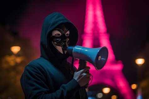 Premium AI Image Hacker In Black With A Phantom Mask Enjoying Free Speech With A Megaphone In