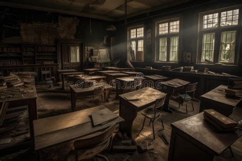Creepy Old School With Desks And Books Left Behind In Classrooms Stock