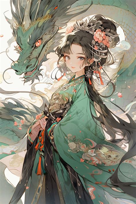 古风中国龙女孩插画png下载 包图网