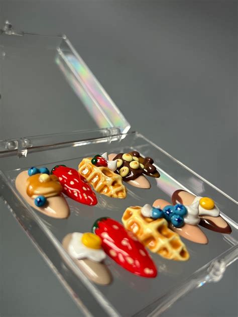 3d Breakfast Press On Nails Hand Painted Fruit And Waffle Nail Art