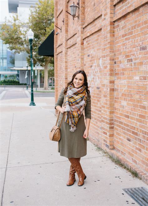 Plaid Blanket Scarf And Olive Dress Fall Outfit Inspiration Modest