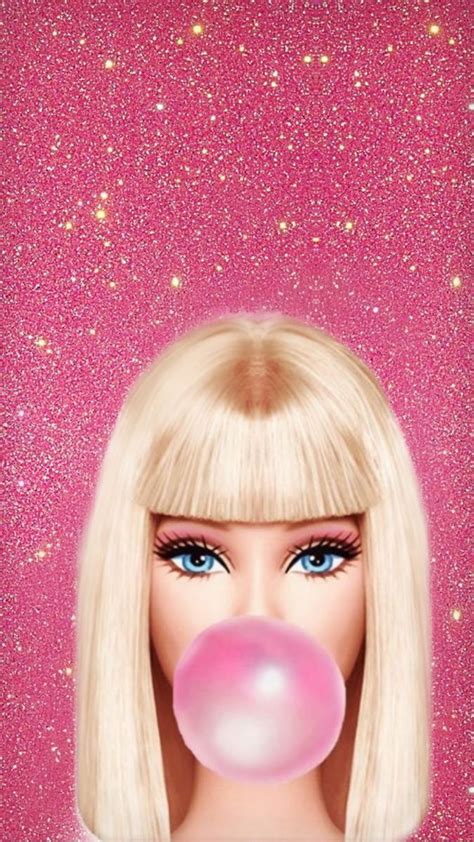 A Barbie Doll Blowing A Bubble With Pink Glitter In The Background