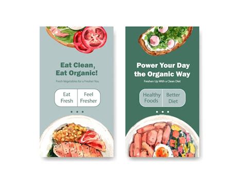 소셜 미디어 수채화 건강하고 유기농 식품 디자인 템플릿 무료 벡터