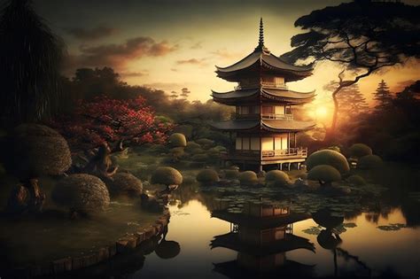 Premium Ai Image Japanese Nature Landscape With Mountains And Tiered Tower Neural Network Ai Premium Ai Image Japanese Nature Landscape With Mountains And Tiered Tower Neural Network Ai