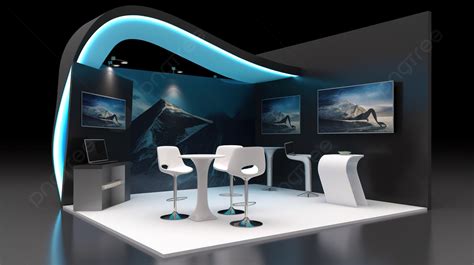 3d 삽화 테이블과 의자 정보 보드 및 롤업 배너를 특징으로 하는 독특한 전시 스탠드 디스플레이 디자인 전시 부스 전시 매점 노점 배경 일러스트 및 사진 무료 다운로드