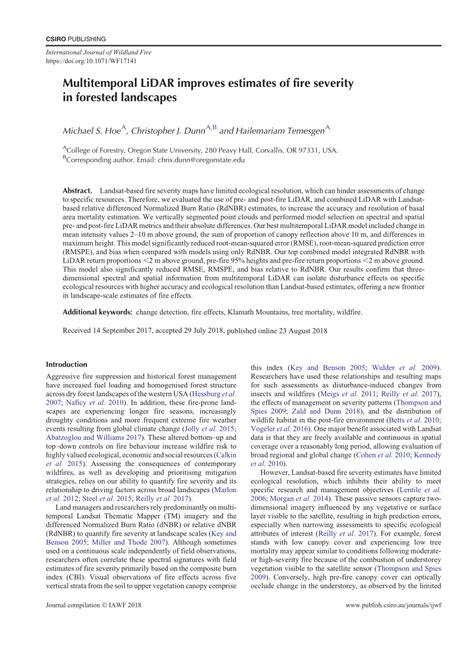 Pdf Multitemporal Lidar Improves Estimates Of Fire Severity In Forested Landscapes