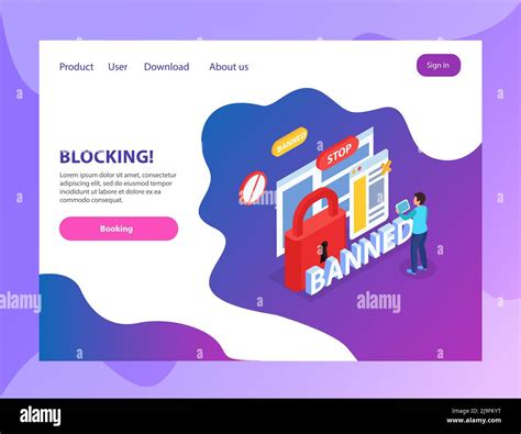 Internet Website Blocking Abusive Users Isometric Landing Page With Banned Stop Lock Prohibition