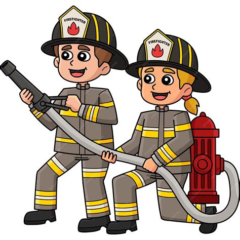 Firefighters With A Fire Hydrant Cartoon Clipart Premium Vector