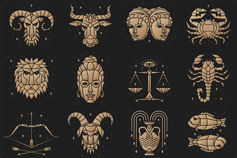 조디악 기호 벡터 그림입니다 점성술 별자리 기호 그래픽 디자인 요소 인쇄 템플릿 난소 조디악 운세 템플릿 은 검은 색에 격리 0명에 대한 스톡 벡터 아트 및 기타 이미지