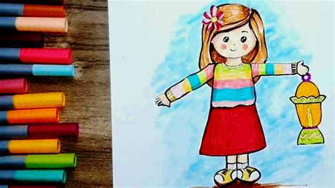 How To Draw Acute Girl😍😍 رسم وتلوين بنت تحمل فانوس Youtube