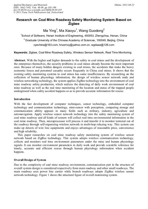 Research On Coal Mine Roadway Safety Monitoring System Based On Zigbee Scientific Net